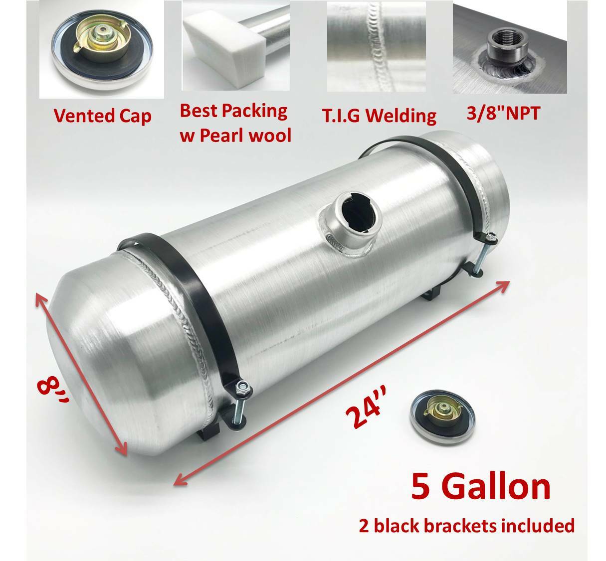 Center Fill 3/8 NPT Outlet 5 Gallon 8 x24 Spun Aluminum Gas Tank / Fuel ...