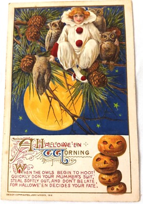 Halloween Postcard J Winsch Schmucker Art Clown Girl Tree Owls 1912 No ...