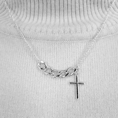 N0149 Silver Tone Chain Cuban Link Design Cross Shape Pendant Collar ...