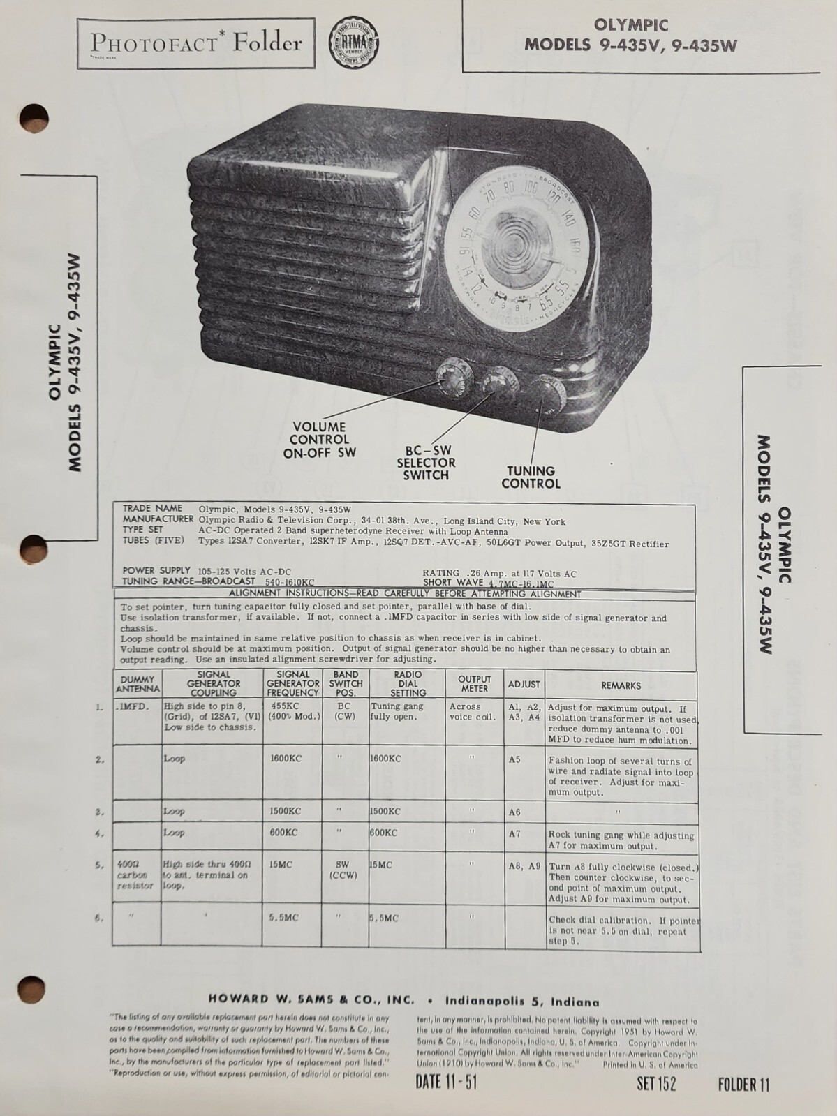 SAMS PHOTOFACT SERVICE MANUAL 152-11 OLYMPIC RADIO 9-435V 9-435W | eBay