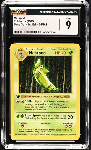 CGC 9 Metapod 1999 Base Set Shadowless 1st Edition 54/102 Pokemon Card ...