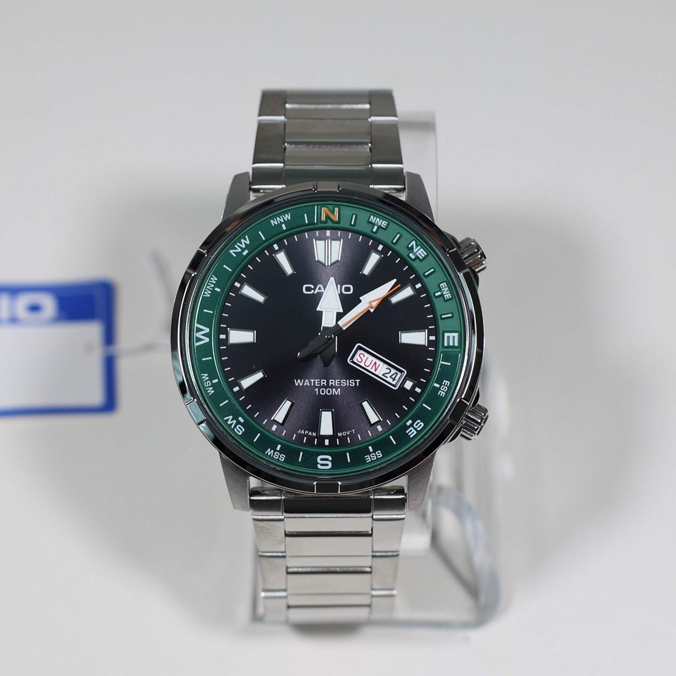 Casio Sports Green Bezel Black Dial Stainless Steel Watch MTD-130D-1A3 ...