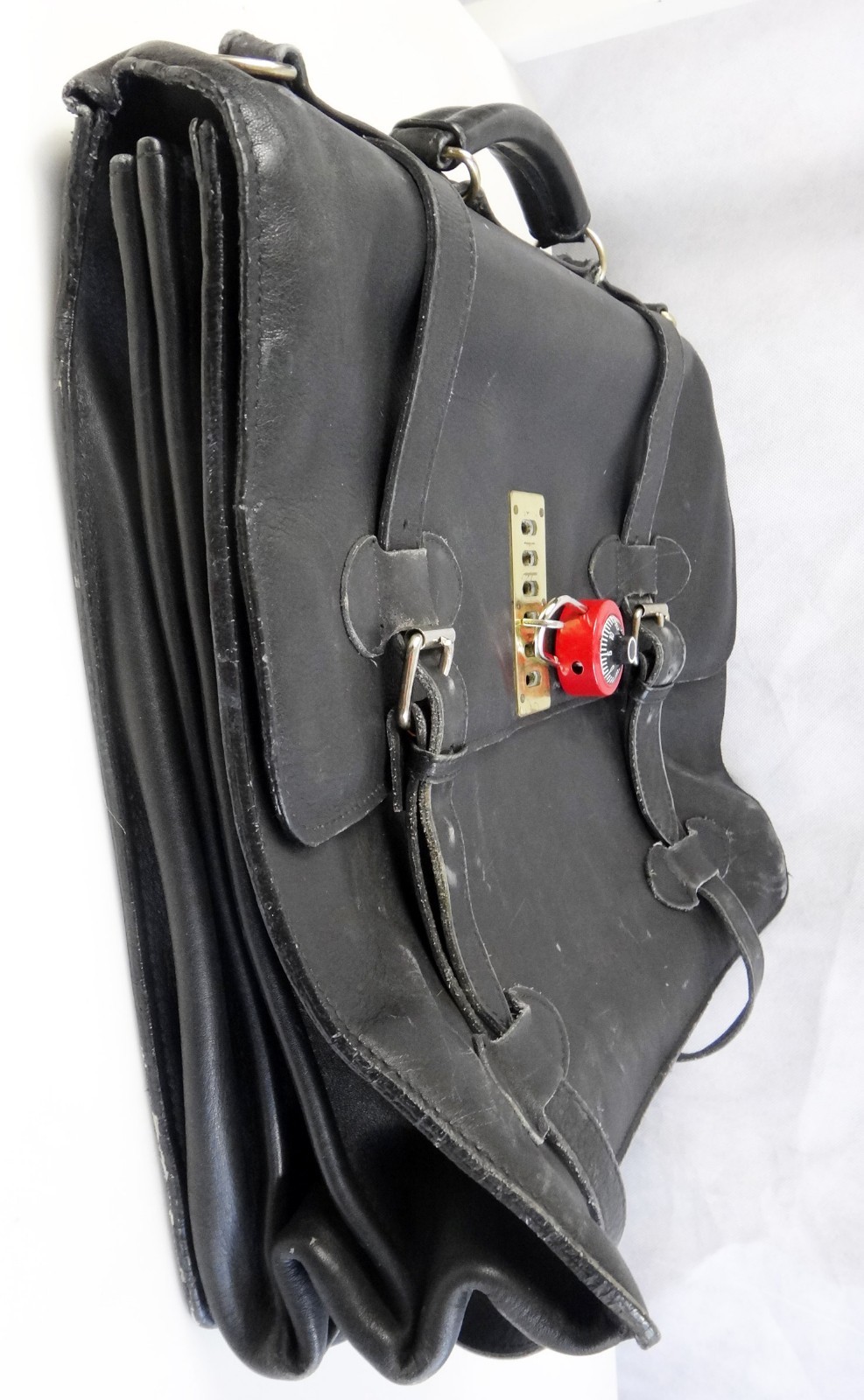 Vintage leather padlock briefcase laptop black accordion lock buckle ...