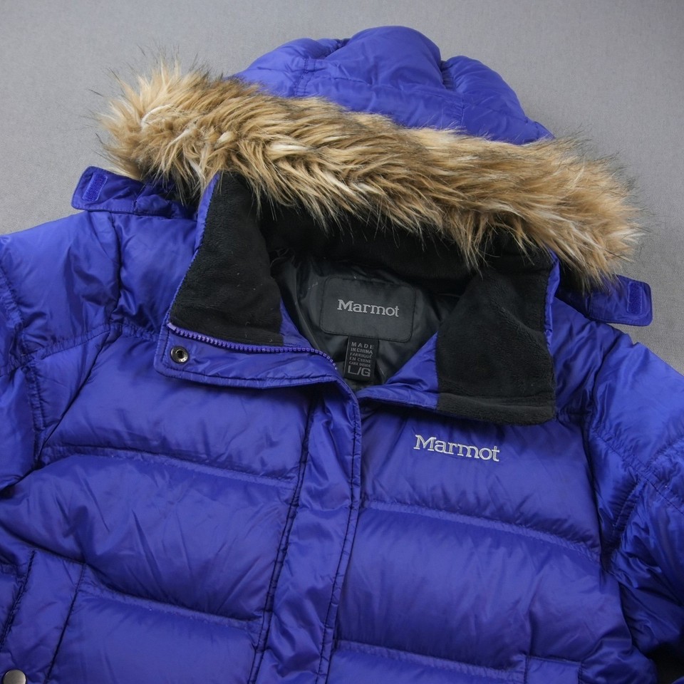 Marmot 700 Fill Down Puffer Parka Jacket Blue Fur Rim Hood Women's L ...