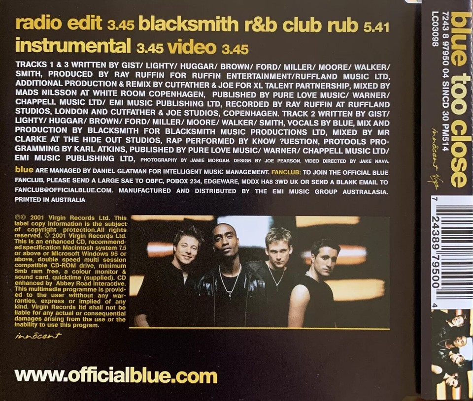 Blue (Boy Band) Too Close (CD Single, 2001) 4 TRACK ENHANCED CD ...