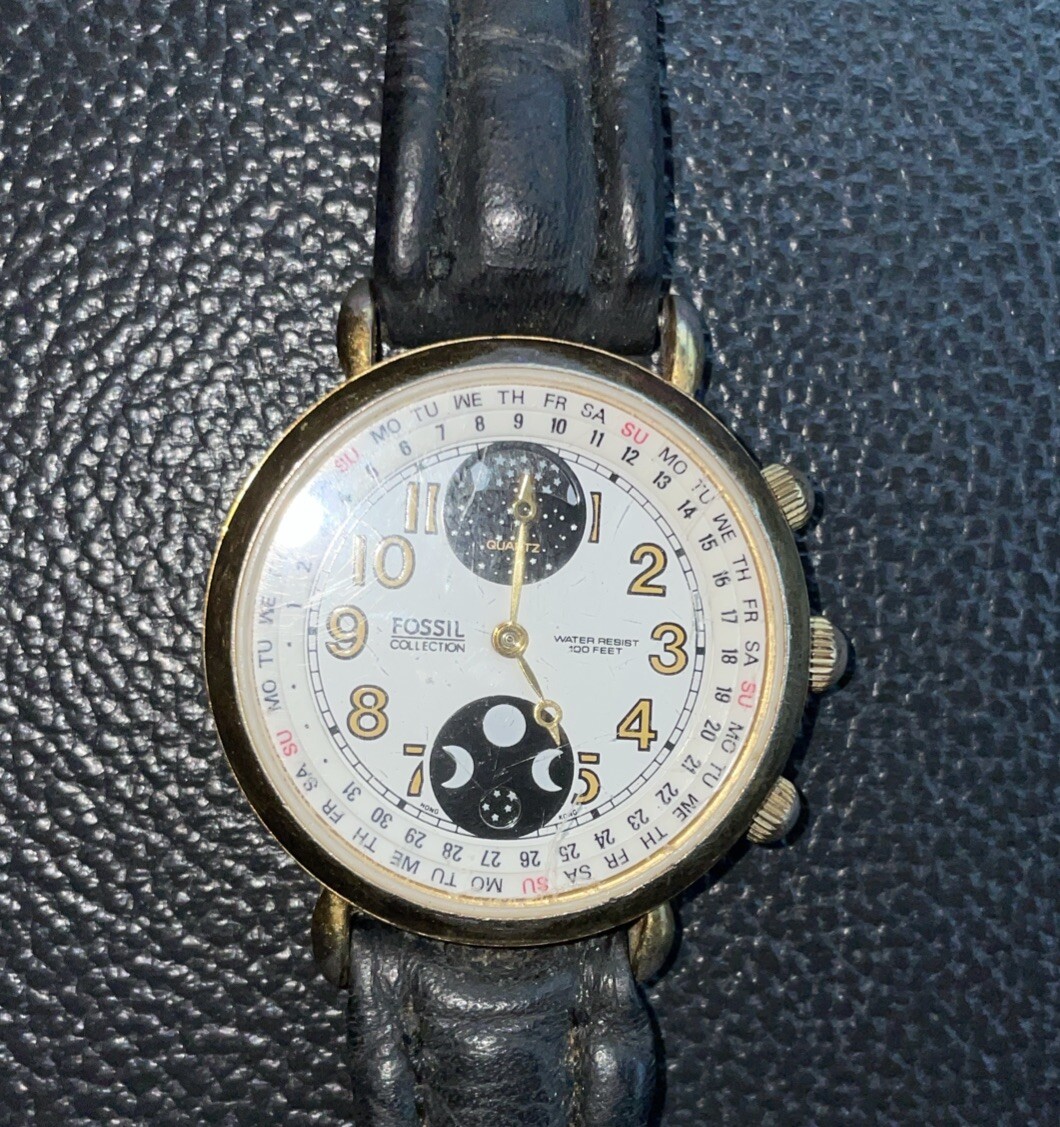 Vintage Fossil Watch Moon Phase Calendar Gold Leather 24mm Quartz Watch ...