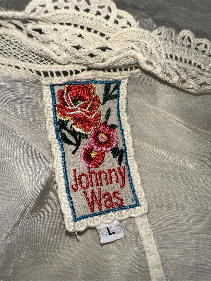 JOHNNY WAS CREAM COLOR ;ACE TRIM TIE FRONT CASUAL SHORT SLEEVE TOP Sz L ...