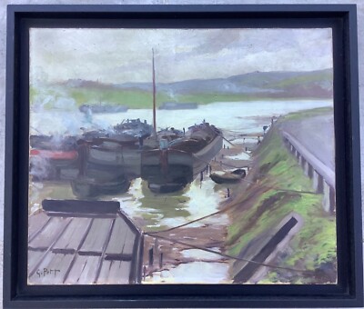 Georges PETIT 1879-1958 Ec Belge Péniches au bord de la Deule HST 46x55 ...