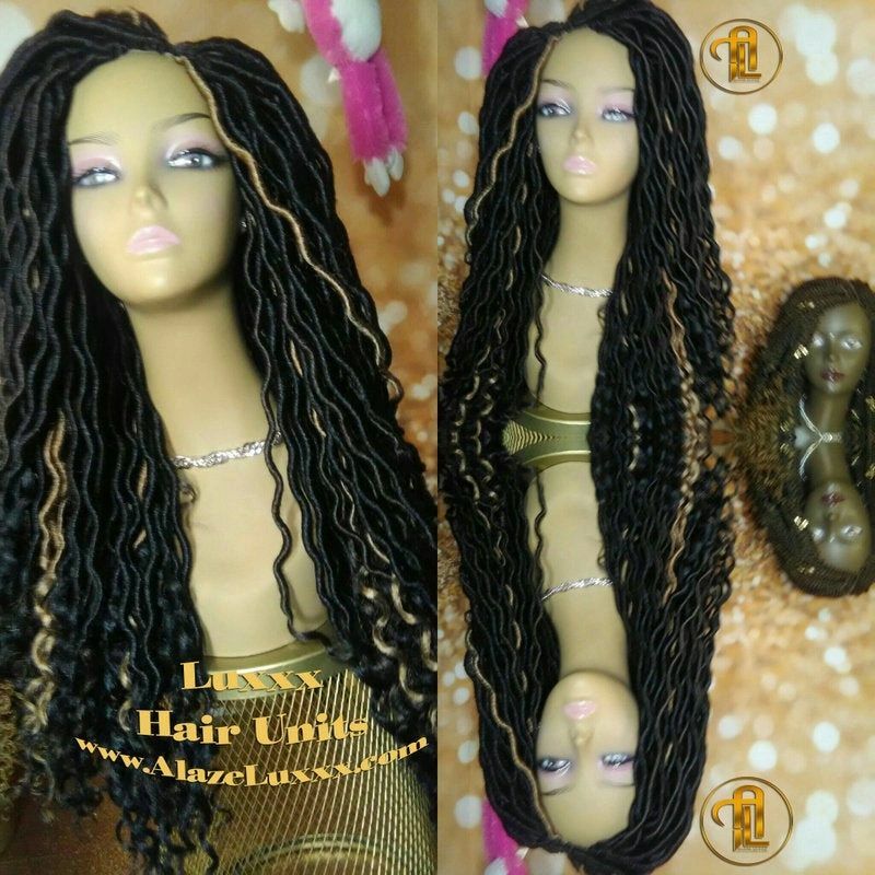16in Individual Goddess Faux Locs Wig Wavy Black Dreads 1B Honey Blonde ...