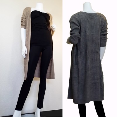 Waffle Duster Long Open Front Knit Cardigan w/Pockets Sweater Coat (S ...