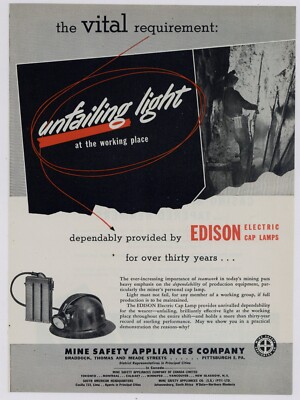 1948 Mine Safety Appliances Co. Ad: Edison Electric Cap Lamps for ...