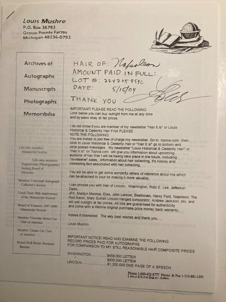 Rare Napoleon Bonaparte Hair Strand, from Louis Mushro Collection w/COA ...