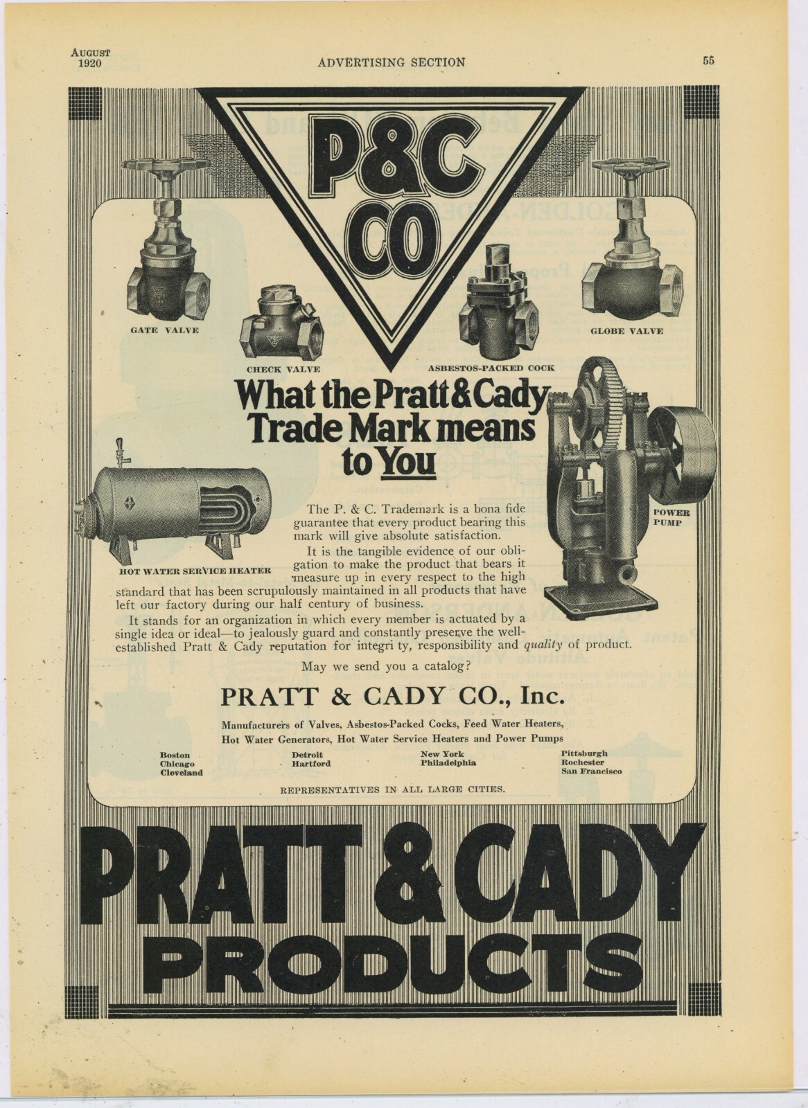 1920 Pratt & Cady Co. Ad: Mfg. of Valves, Power Pumps, Hot Water ...