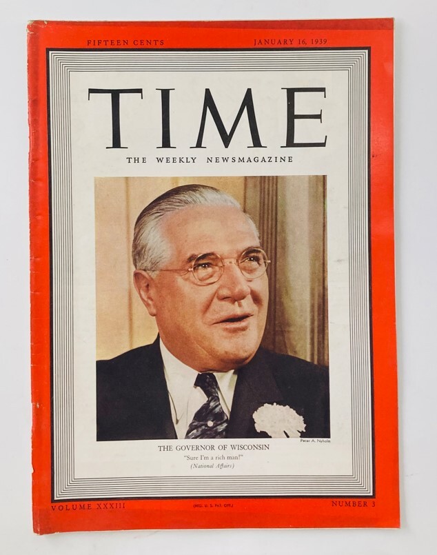 VTG Time Magazine January 16 1939 Vol 33 No. 3 Gov. Julius P. Heil of ...