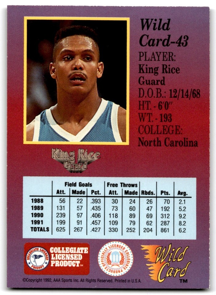 1991-92 Wild Card King Rice North Carolina Tar Heels #43 | eBay
