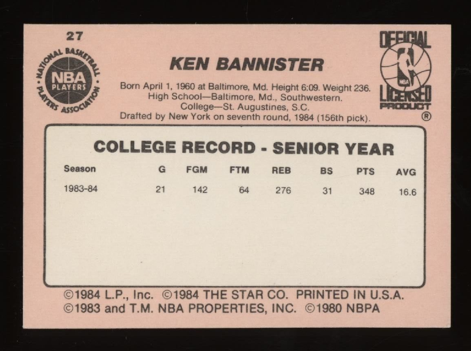 1984-84 Ken Bannister STAR Basketball #27 *NICE* New Yok Knicks Invest ...