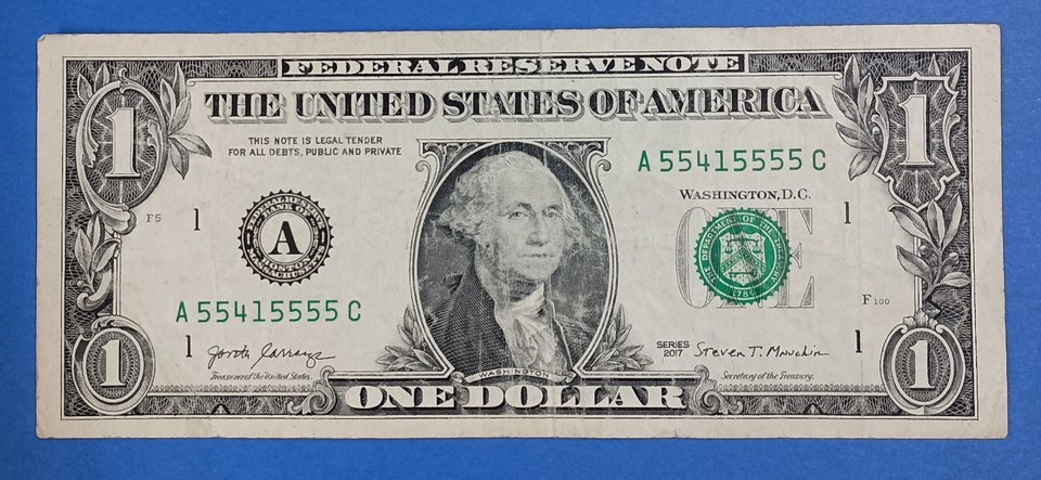 A55415555C $1 6 of a Kind 5s Fancy Serial Number One Dollar Bill 2017 ...