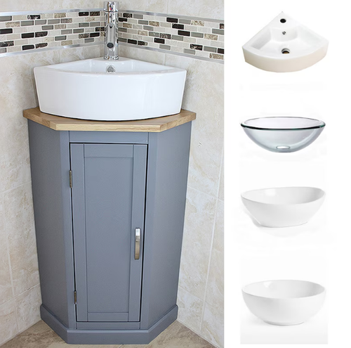 Bathroom sink unit vanity cabinet grey corner unit with basin tap and ...