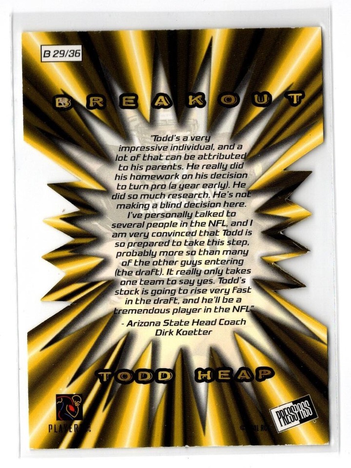 2001 Press Pass Breakout Todd Heap Rookie Card #B29 | eBay