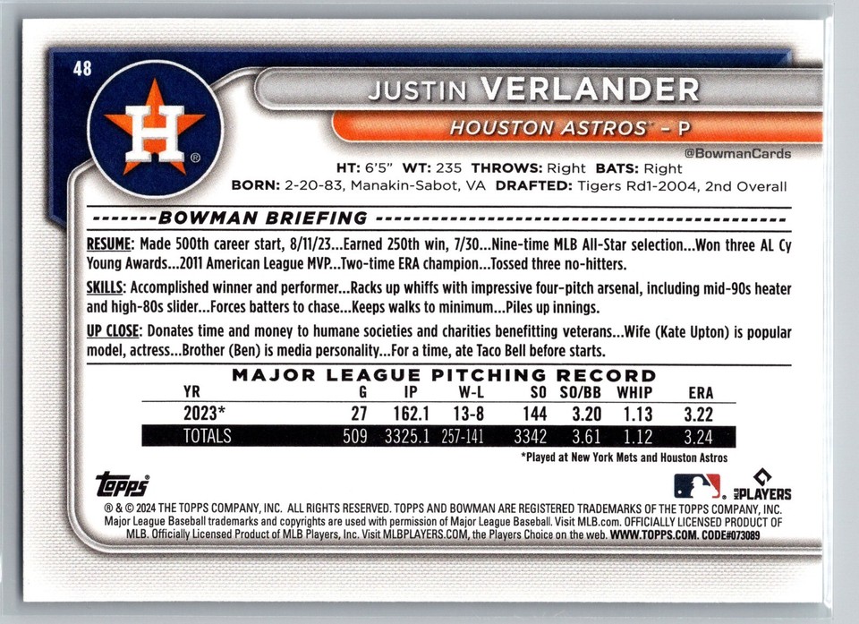 Justin Verlander 2024 Bowman Baseball #48 Houston Astros MLB Baseball ...