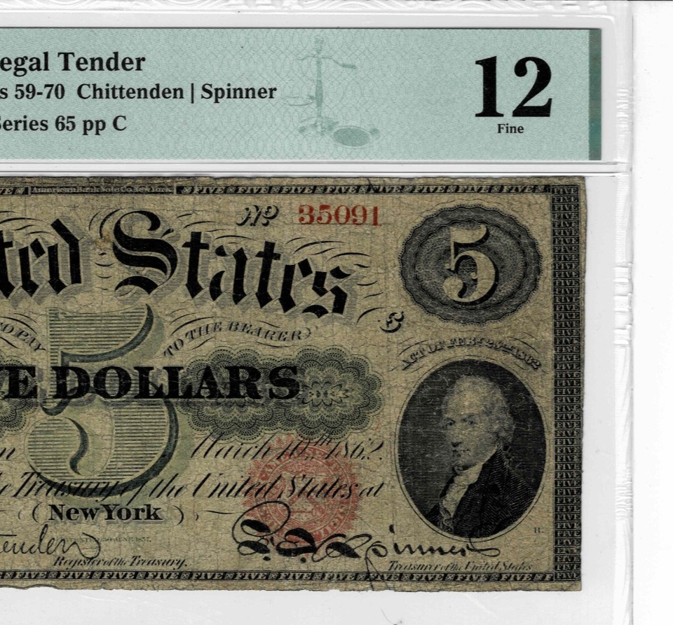 1862 $5 Legal Tender note--fr.61b (Chittenden/Spinner) PMG Fine 15--Key ...
