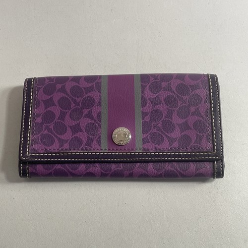 Coach Signature Purple Plum 7.5" Tri Fold Canvas Wallet / Checkbook ...