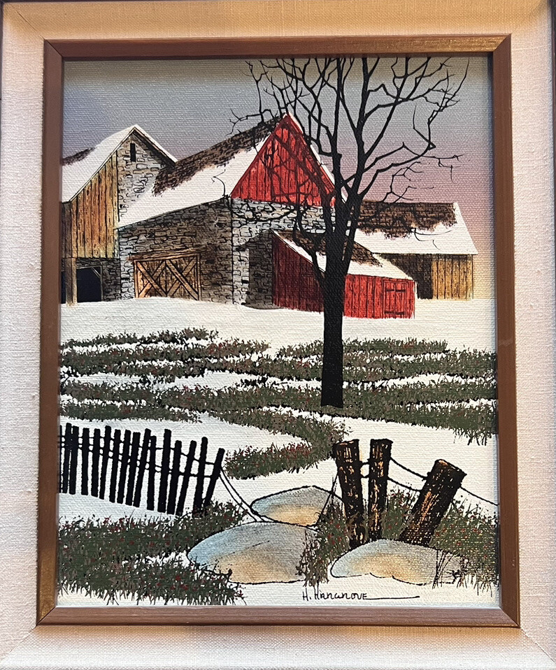 VINTAGE H. HARGROVE - SERIGRAPH ON CANVAS - COUNTRY FARM BARN IN WINTER ...