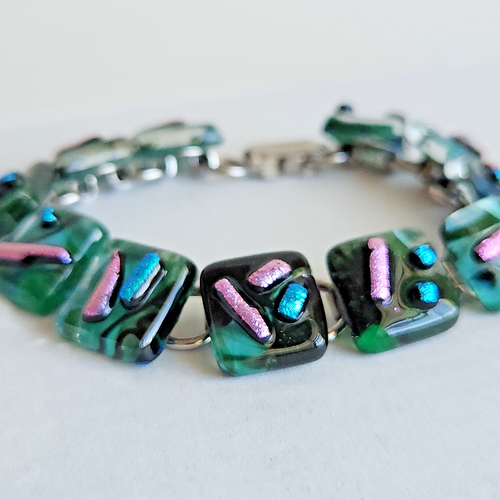 Handcrafted Dichroic Fused Glass Bracelet | Square Links | Blue-Green | eBay