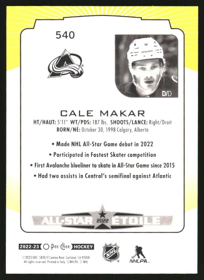 2022-23 O-Pee-Chee Yellow #540 Cale Makar AS | eBay