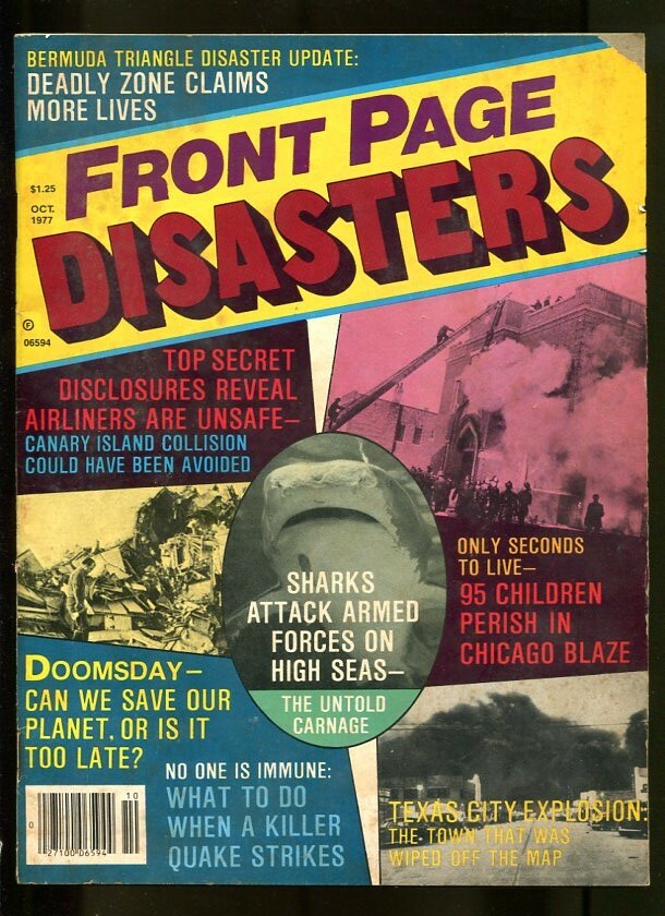 FRONT PAGE DISASTERS-10/1977-BERMUDA TRIANGLE-CANARY ISLAND-QUAKE-SHARK ...