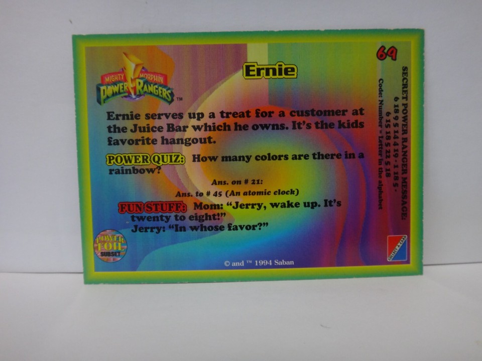 1994 Mighty Morphin Power Rangers Ernie Power FOIL Series Trading Card ...
