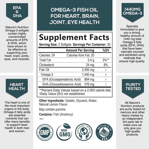 Omega 3 Fish Oil Capsules 3x Strength 2400mg EPA & DHA, Highest Potency ...