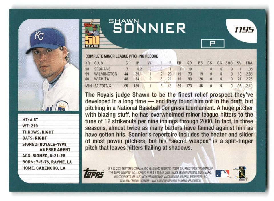 Shawn Sonnier 2001 Topps Traded & Rookies Baseball #T195 Kansas City ...