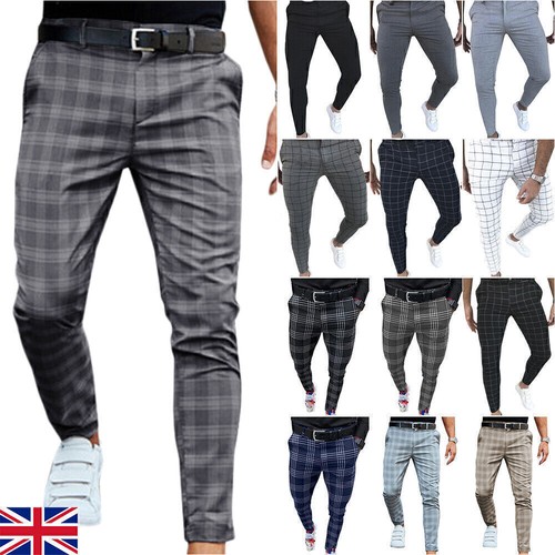 Mens Check Plaid Chino Trousers Slim Skinny Fit Casual Formal Smart ...