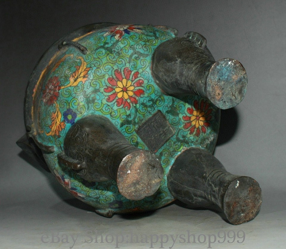 10.8" Chinese Marked purple Bronze Cloisonne Enamel flower Incense ...