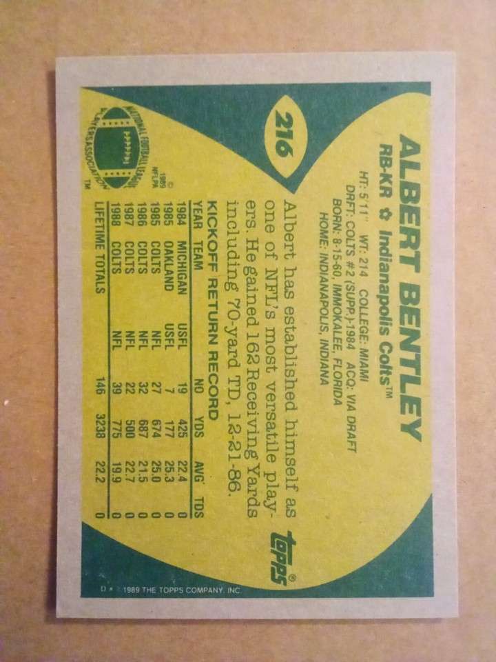 Albert Bentley 216 Topps 1989 NFL Football Card | eBay
