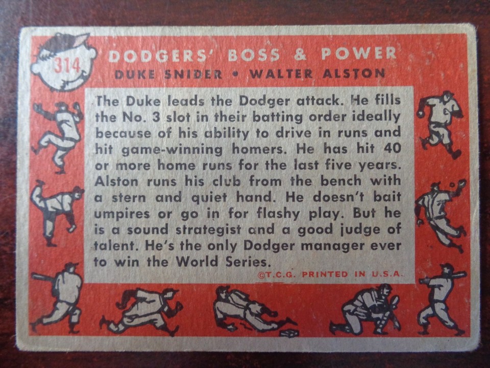 1958 Topps Duke Snider Walter Alston #314 Dodgers Boss LOW GRADE ...