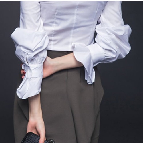 Lady Retro Ruffle Shirt Blouse OL Stand Collar Slim Fitted Victorian ...