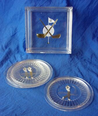 GOLF Themed Acrylic Drink Coasters w/ Storage Container 3 Coasters ...