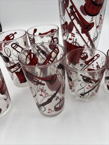 Vintage Hazel Atlas MCM Jazz Musical Instruments Cocktail Shaker + 6 ...