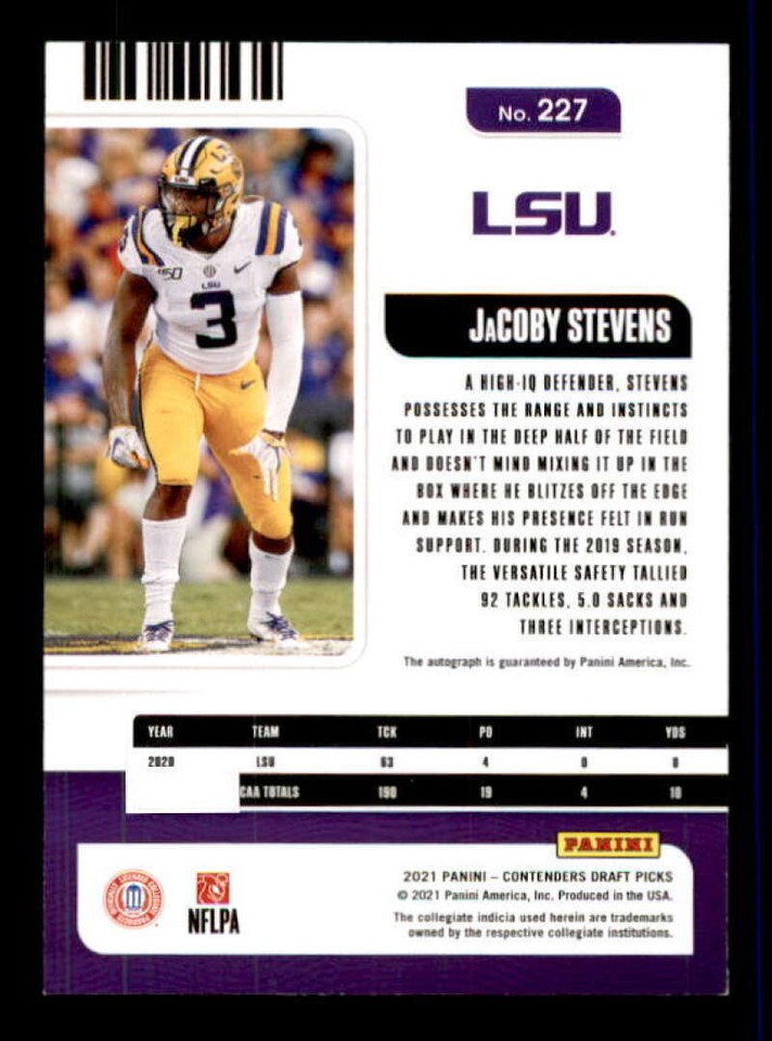 JaCoby Stevens AU Rookie Card 2021 Panini Contenders Draft Picks #227 ...