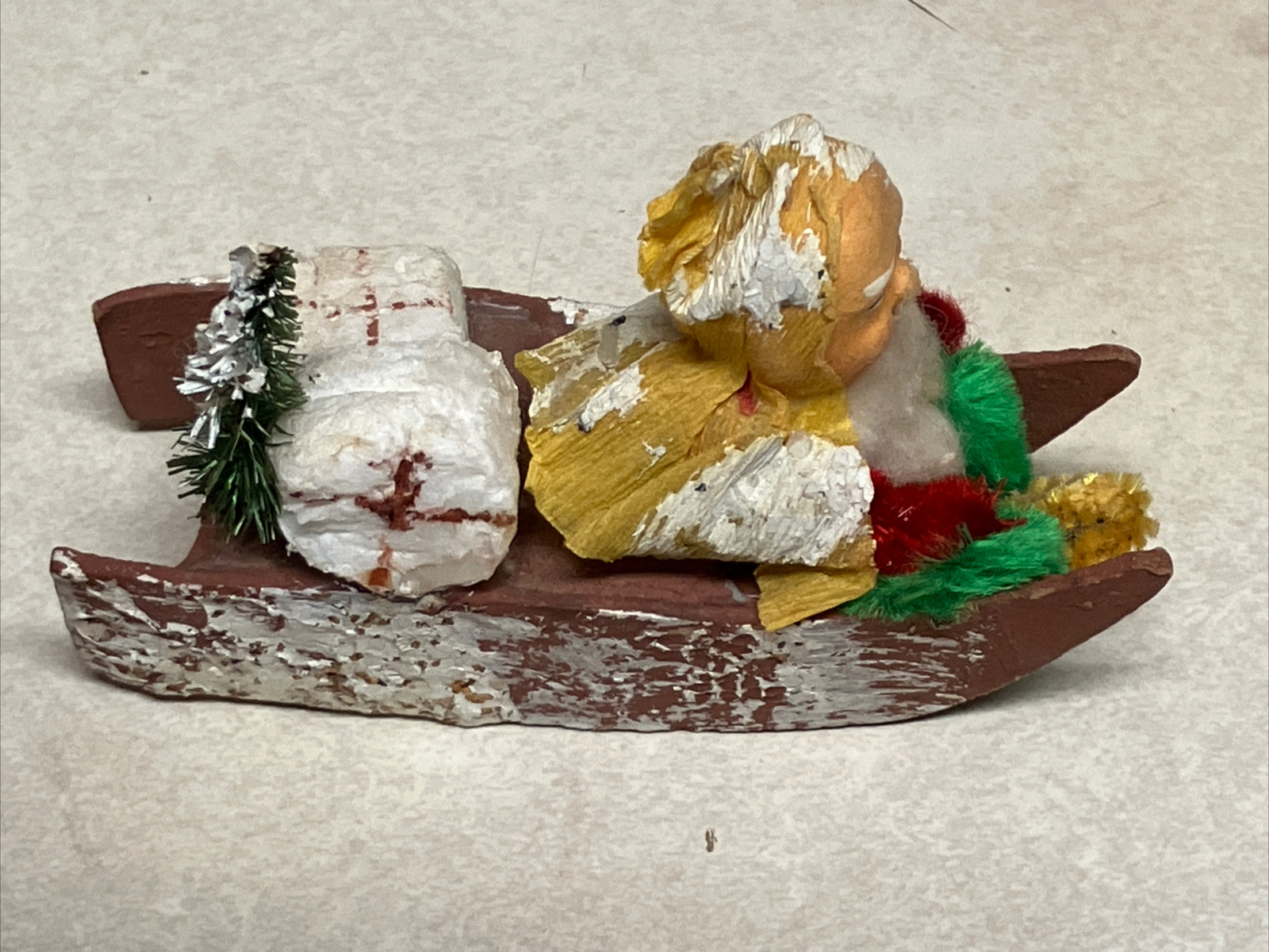 VTG X-MAS Rare Putz Santa Sleigh Gnome Paper Mache Chenille SpunCotton ...