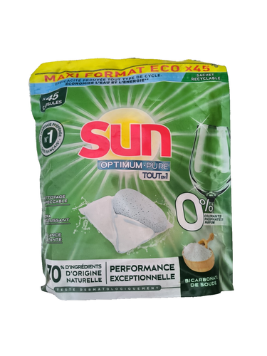 Tablettes pour lave-vaisselle SUN Optimum Pure Tout en 1 - 45 Capsules ...