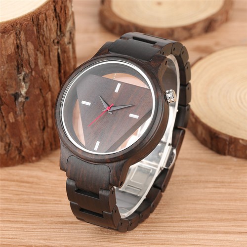 Modern Black Triangle Dial Men's Wooden Watches Quartz Analog Bamboo ...