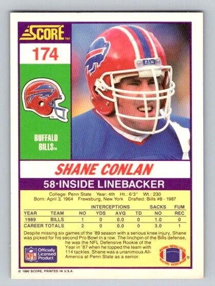 1990 Score Shane Conlan #174 Buffalo Bills | eBay