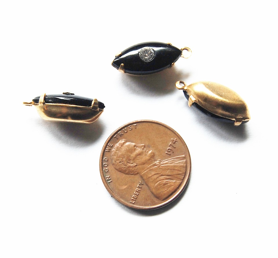 VINTAGE 4 JET BLACK GLASS NAVETTE RHINESTONE MARQUIS PENDANT BEAD BEADS ...
