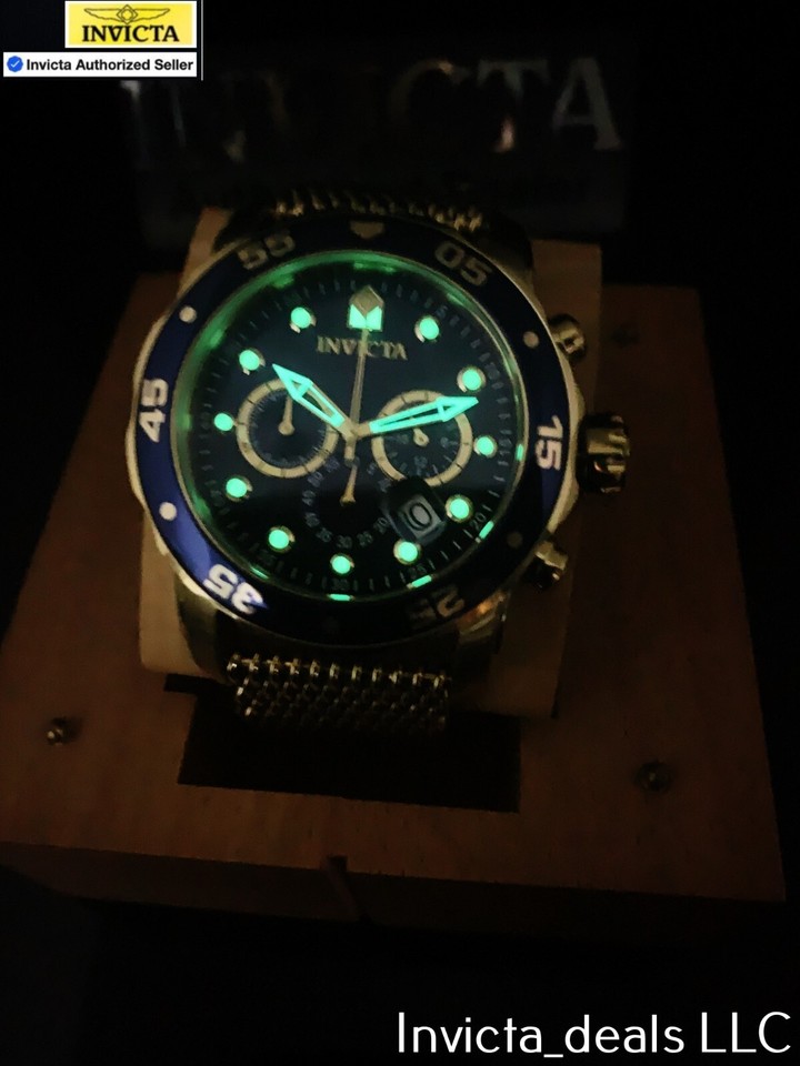 Invicta Men's 48mm Pro Diver SCUBA Chronograph BLUE DIAL Gold Tone MESH ...