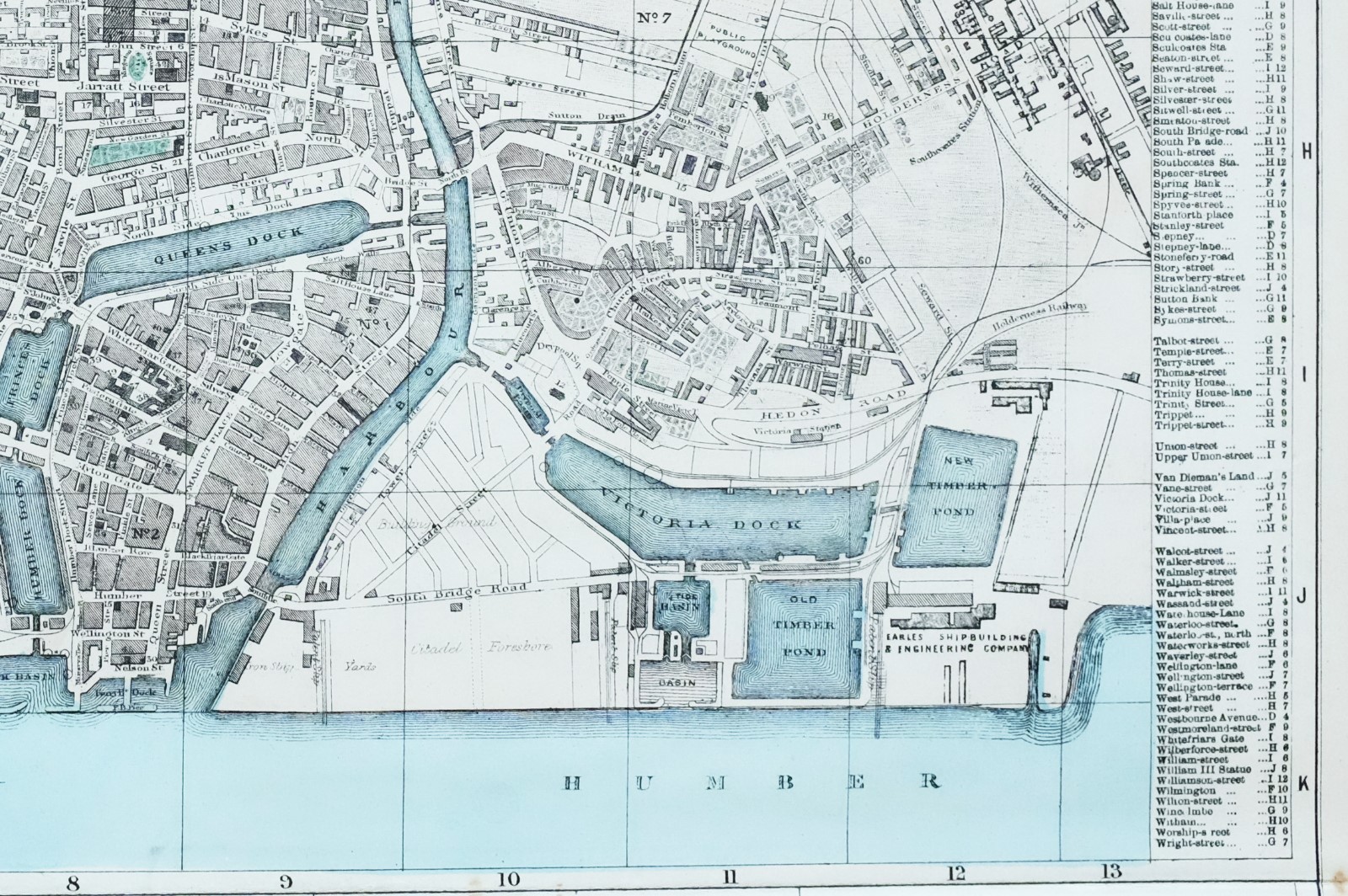 1883 LARGE MAP PLAN HULL QUEENS DOCK ARTILLERY BARRACKS GARDENS RAILWAY ...