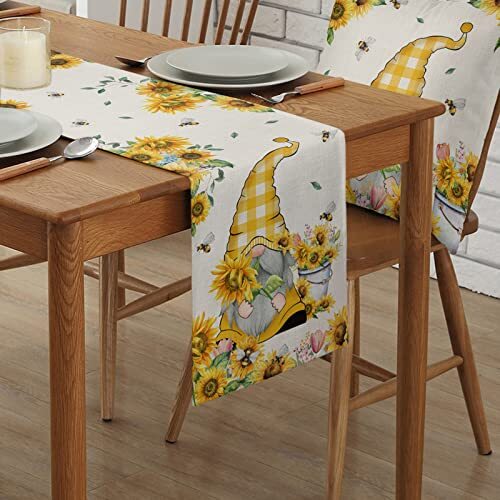 Sunflower Gnome Table Runner Farmhouse Decor Burlap Table Runners 90 ...