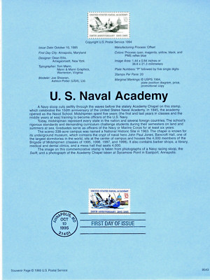 1995 USPS Souvenir Page 32¢ U.S. NAVAL ACADEMY #9543 w/Watermark ...